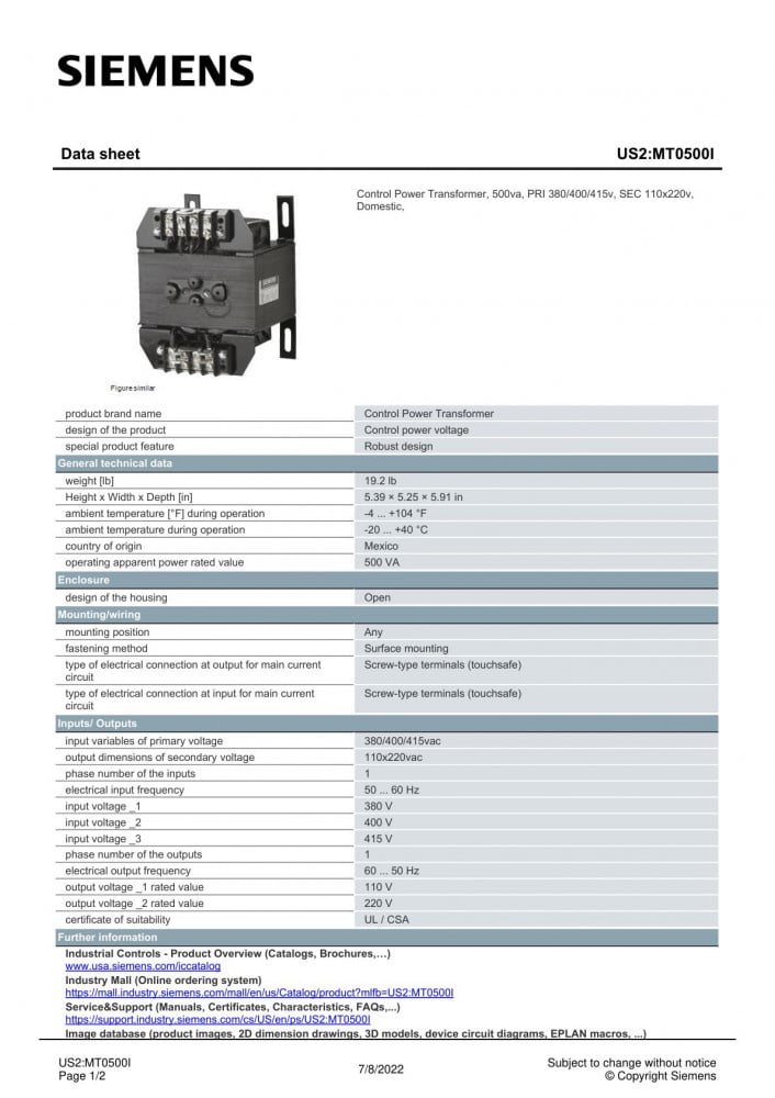 SIEMENS MT0500I datasheet page 1