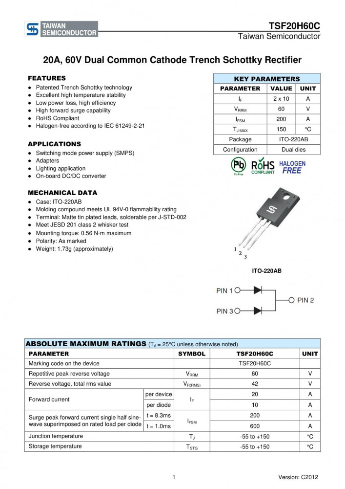 TSF20H60C technical document page 1