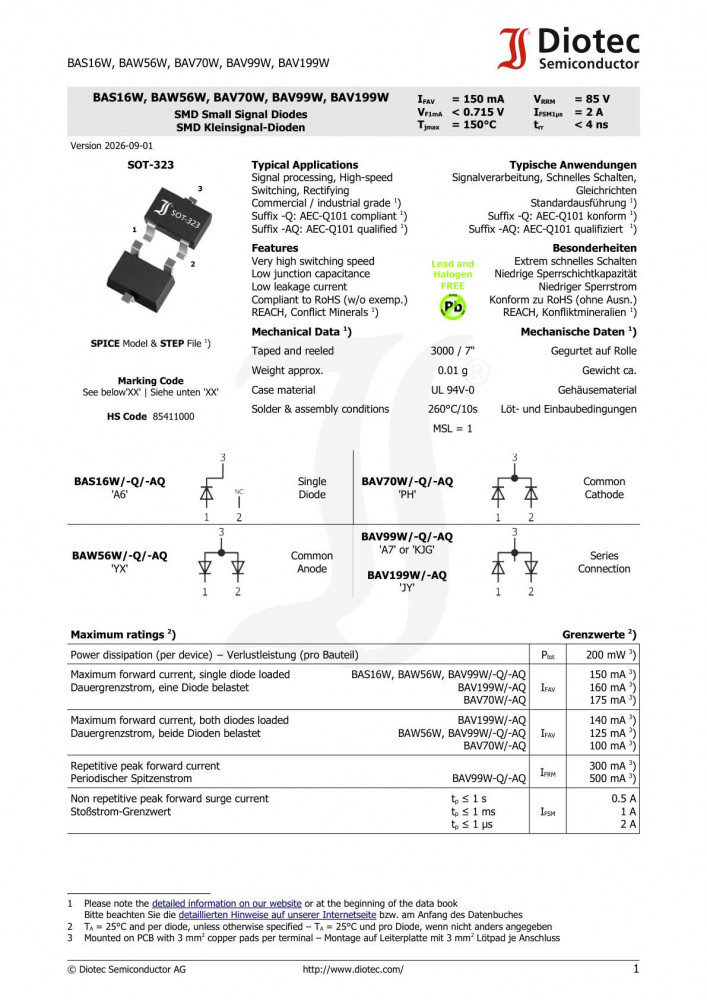 DIOTEC BAV70W-AQ technical document page 1