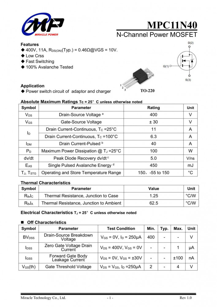 MPC11N40 datasheet page 1