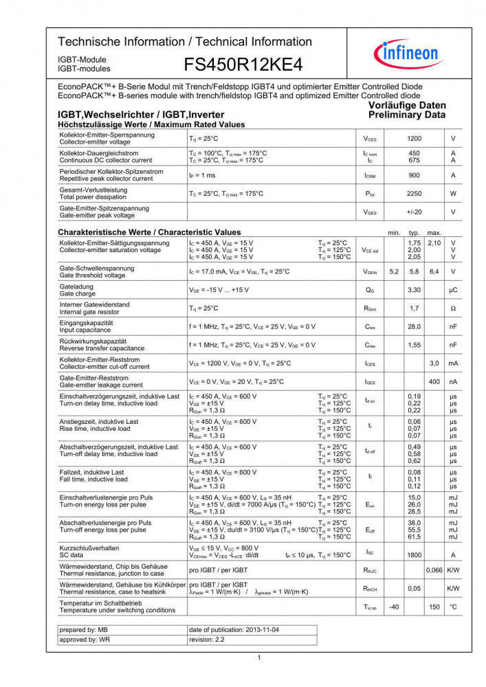 FS450R12KE4 datasheet page 1