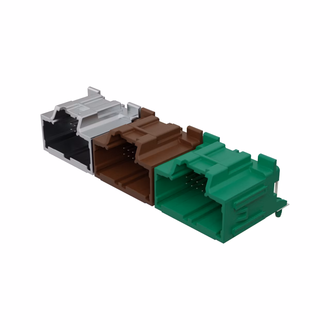 Stac64 3 Bay Right-Angle Headers, 60 Circuits, Bay A 20 Circuit Signal Header, Polarization B, Gray; Bay B 20 Circuit Signal Header, Polarization C, Brown; Bay C 20 Circuit Signal Header, Polarization D, Green; Tray for sale
