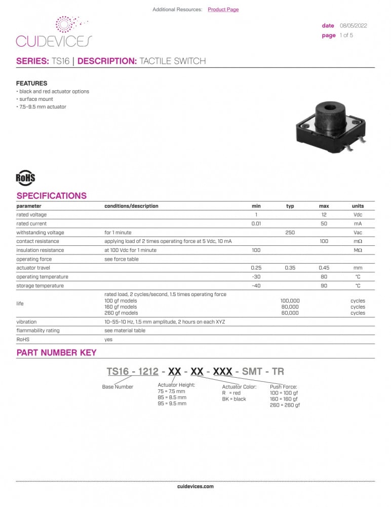CUI TS16 datasheet page 1