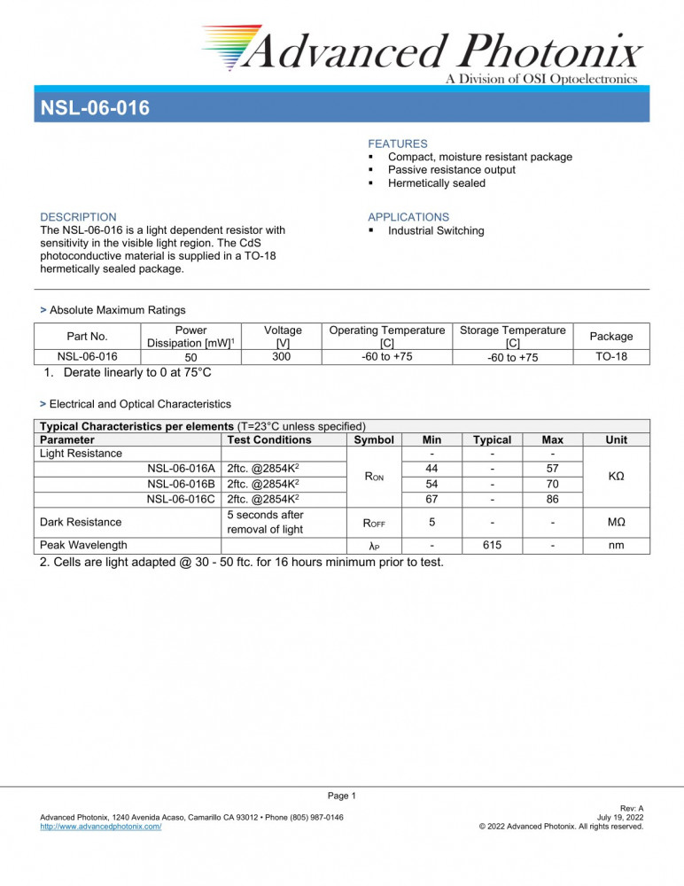 NSL-06-016 datasheet page 1