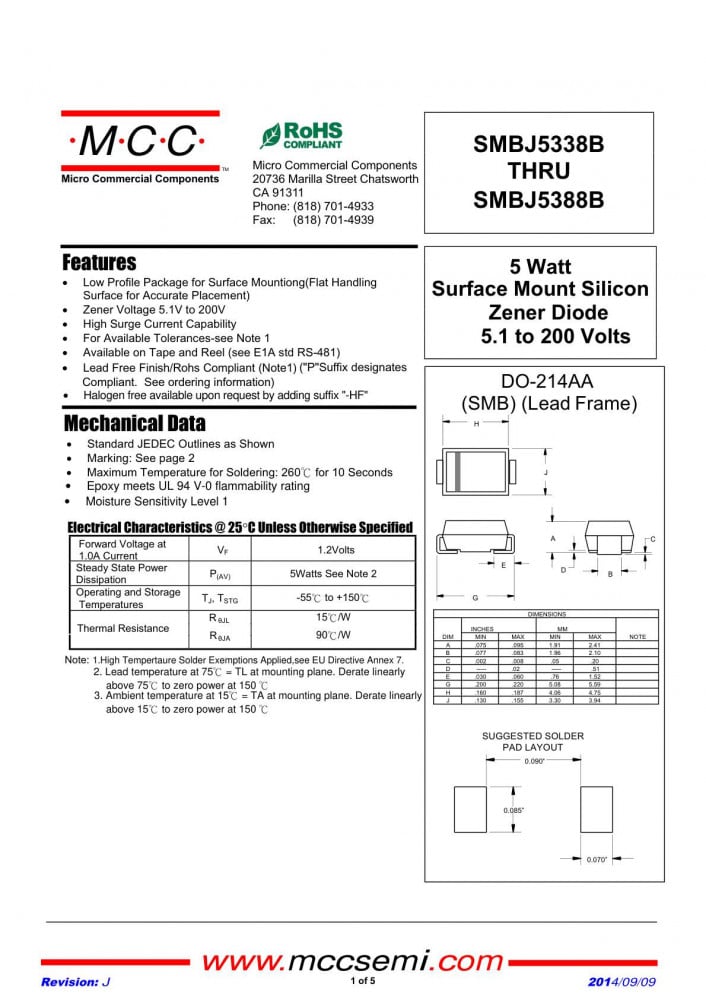 MCC SMBJ5371B-TP datasheet page 1