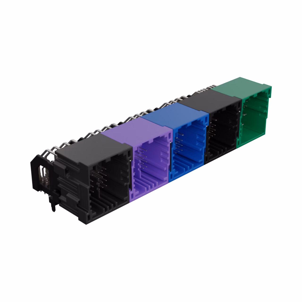 stAK50h 5 Bay Right-Angle Hybrid Header, 143 Circuits, Bay 1: 32 Circuits/Key 3/Dark Gray; Bay 2: 32 Circuits/Key 4/Purple; Bay 3: 27 Circuits/Key 3/Blue; Bay 4: 27 Circuits/Key 1/Black; Bay 5: 25 Circuits/Key 1/Green; Tray for sale