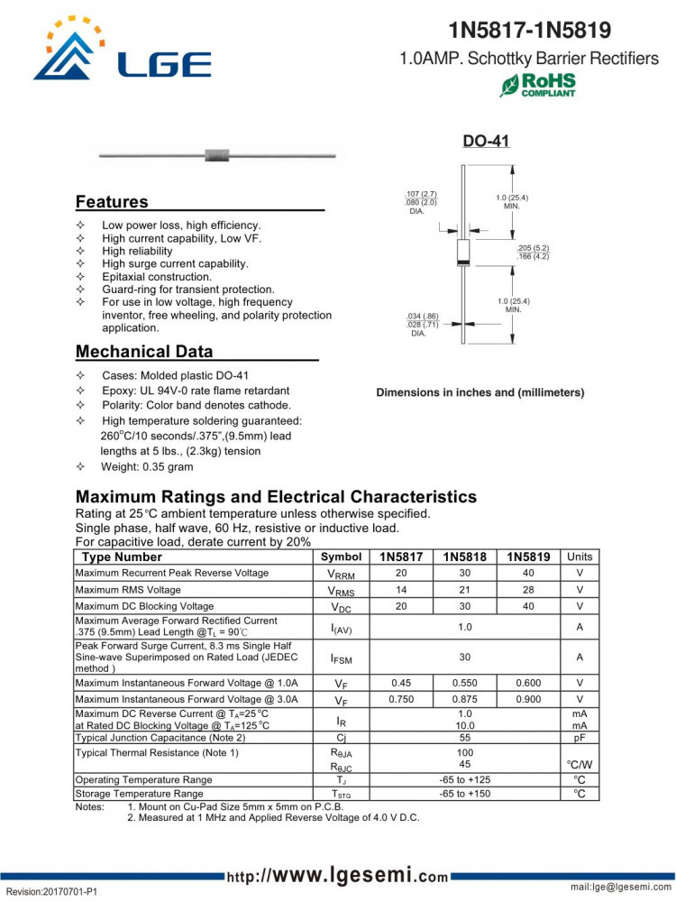 LGE 1N5818 datasheet page 1