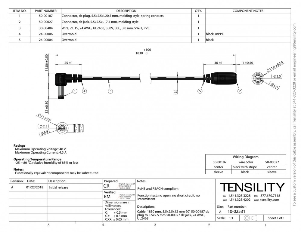 Tensility International 10-02531 cable assembly drawing