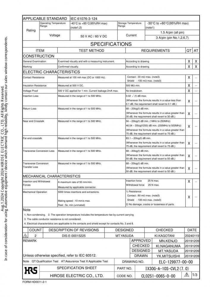 HRS IX30G-A-10S-CVL2(7.0) specification sheet page 1