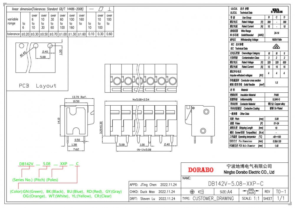 DORABO DB142V-5.08-5P-GN technical drawing page