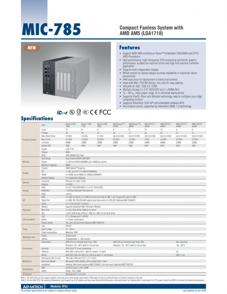 MIC-785 product documentation page 1