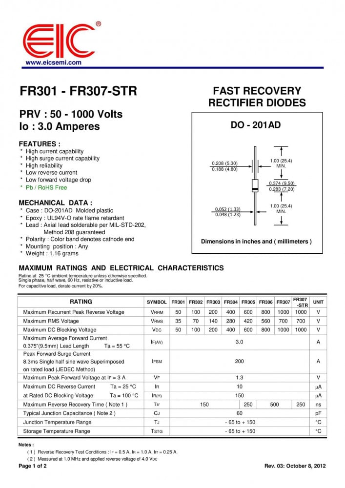 EIC FR301-FR307 fast recovery rectifier datasheet page 1
