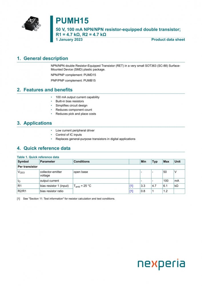 PUMH15 datasheet page 1