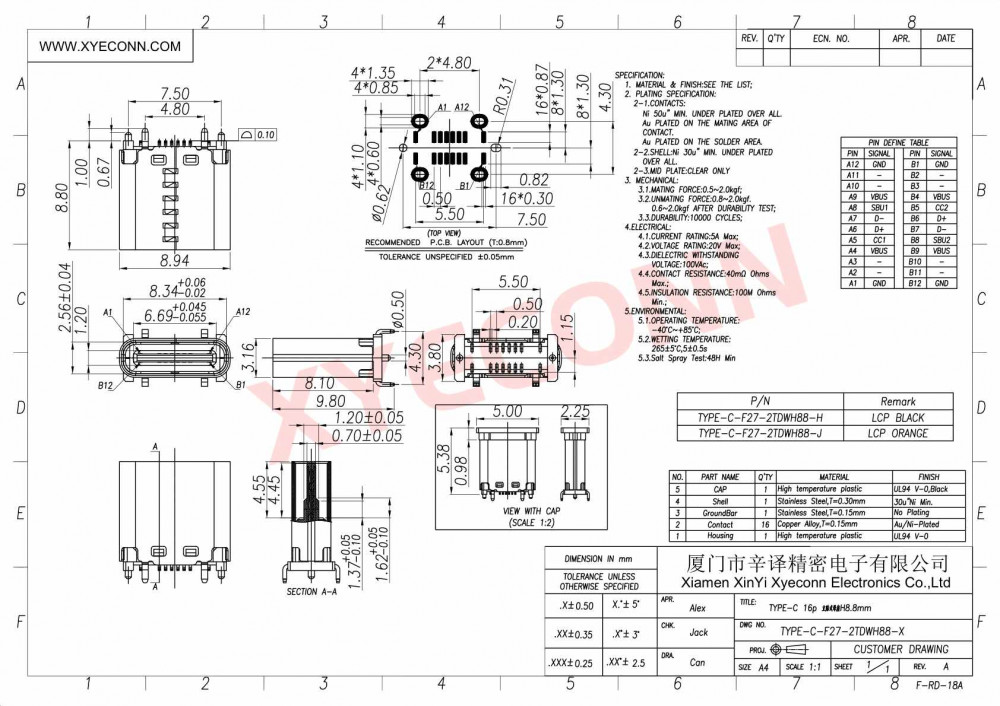 TYPE-C-F27-2TDWH88-J technical drawing page 1