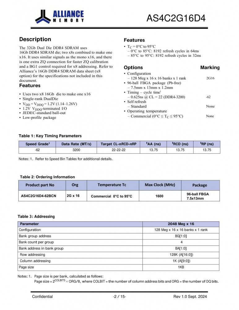 AS4C2G16D4 datasheet page 2