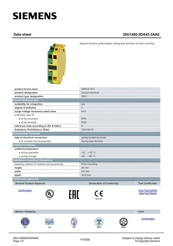 SIEMENS 3SU14002DA433AA0 datasheet page 1