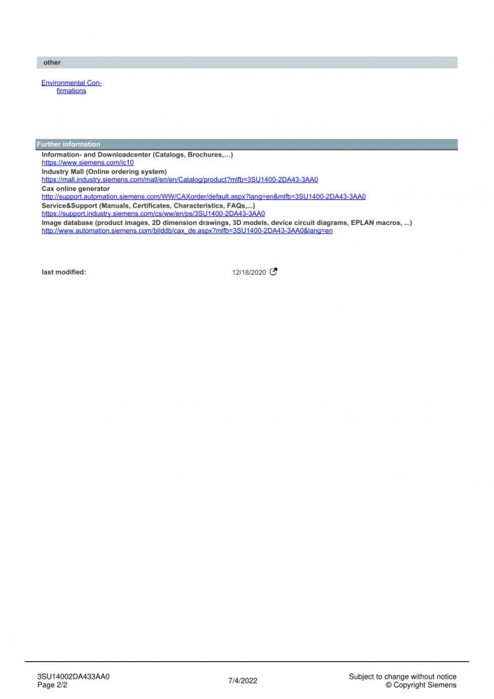 SIEMENS 3SU14002DA433AA0 datasheet page 2