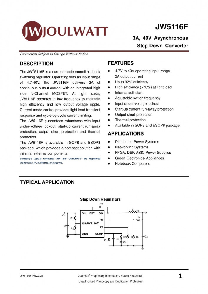JW5116F datasheet page 1