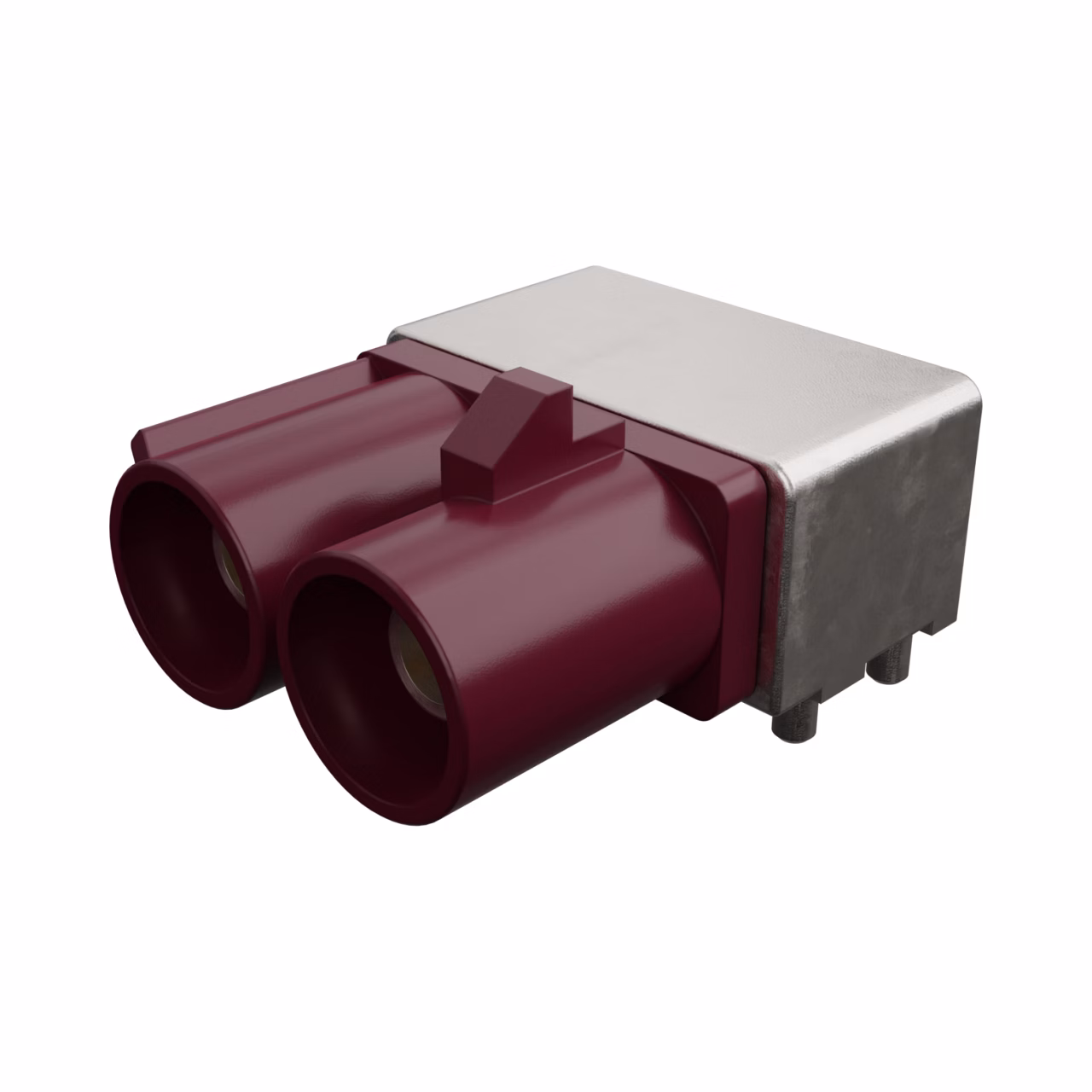 FAKRA Jack, Dual, Right-Angle, PCB Receptacle, Through Hole, Die Cast Body, Tin (Sn) Plated, Keying Code D, Bordeaux Violet, 50 Ohms for sale