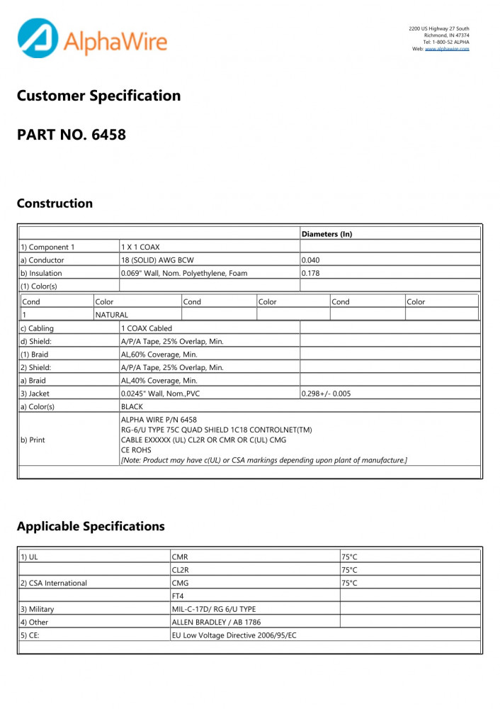 Alpha Wire 6458 technical document page 1
