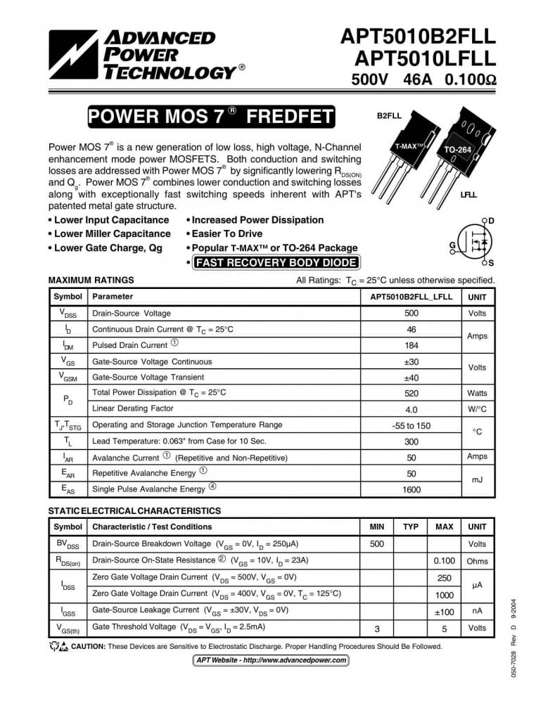 APT5010B2FLLG datasheet page 1