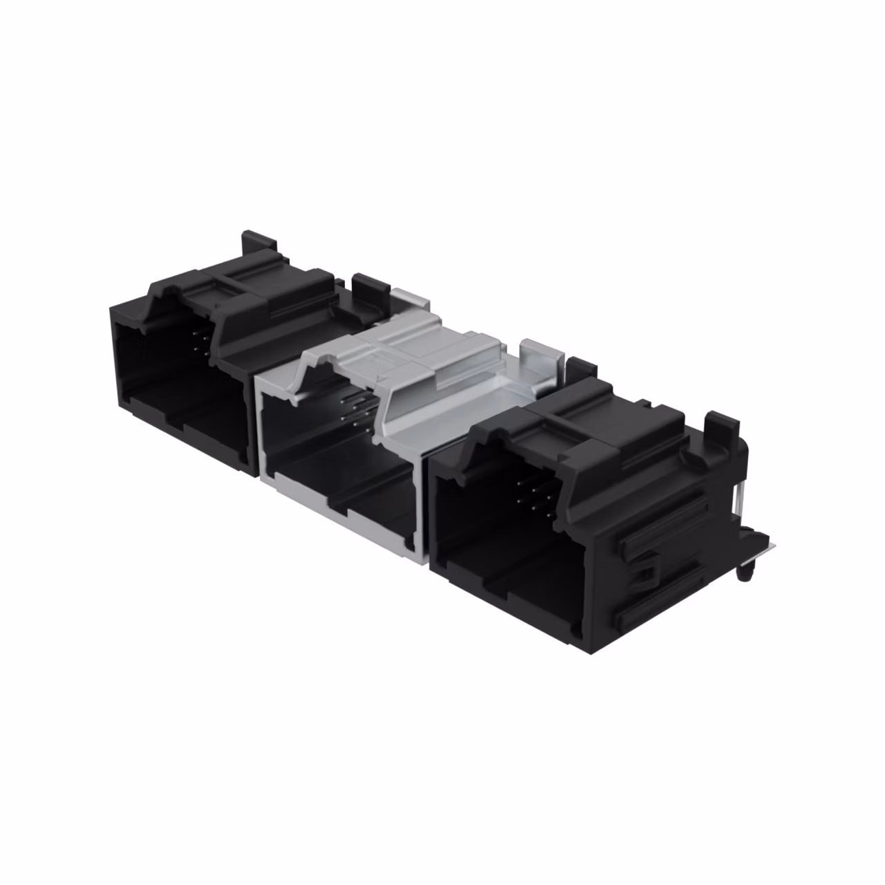 Stac64 3 Bay Right-Angle Headers, 56 Circuits, Bay A 20 Circuit Signal Header, Polarization A, Black; Bay B 20 Circuit Signal Header, Polarization B, Gray; Bay C 16 Circuit Signal Header, Polarization A, Black; Tray for sale