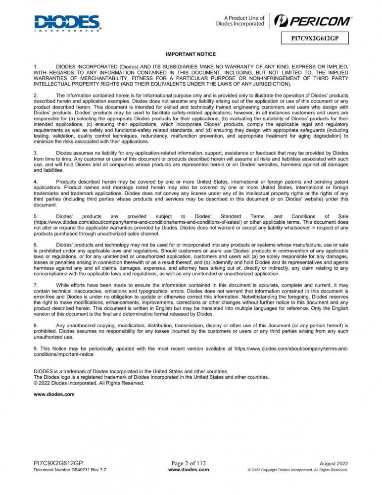 PI7C9X2G612GP datasheet page 2