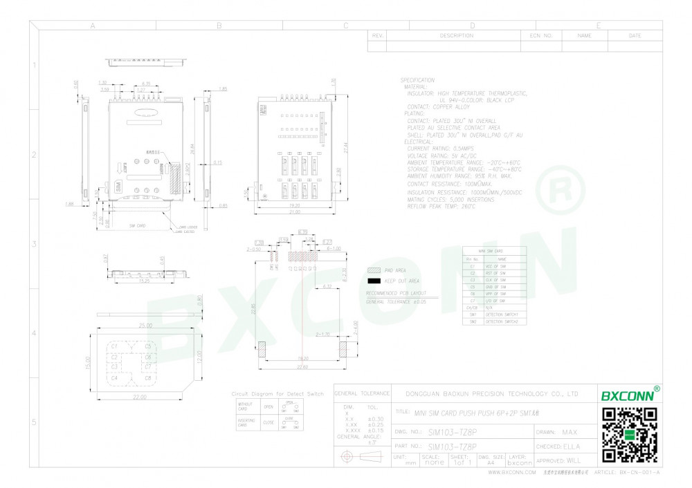 BXCONN SIM103-TZ8P technical drawing page