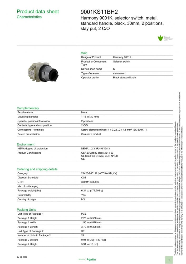 9001KS11BH2 technical documentation page 1