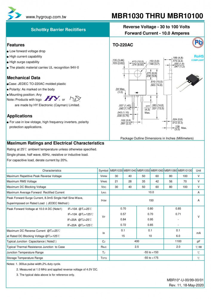 HY Elec MBR1030 datasheet preview, page 1