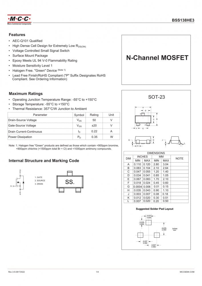 BSS138HE3-TP datasheet page 1