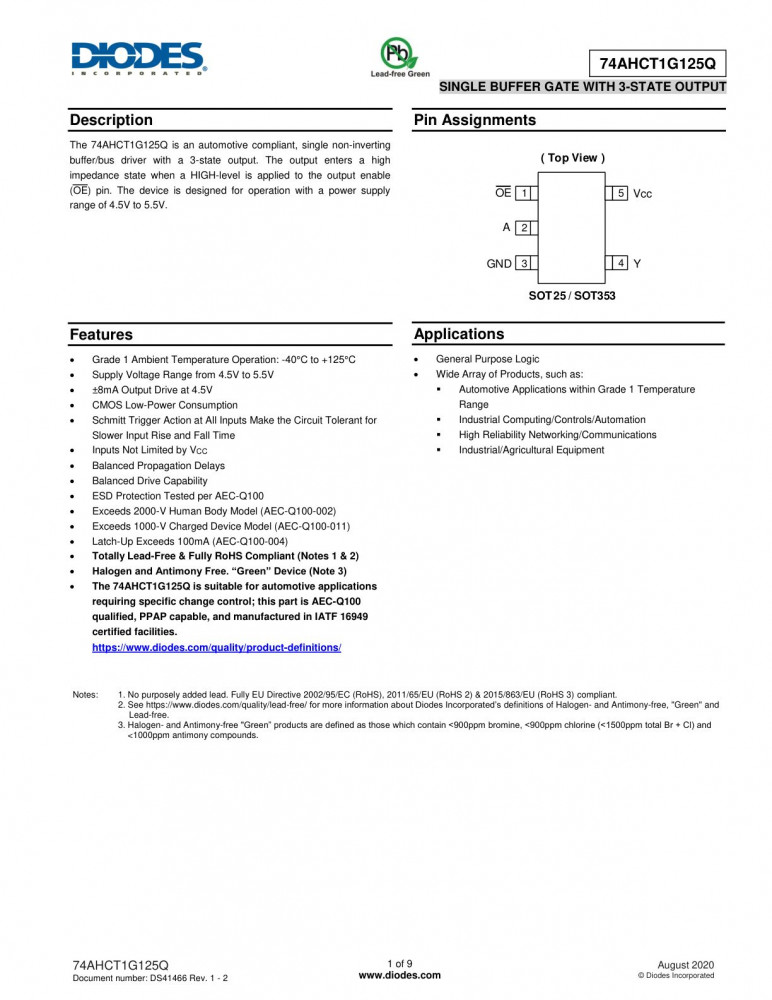 74AHCT1G125QW5-7 datasheet page 1