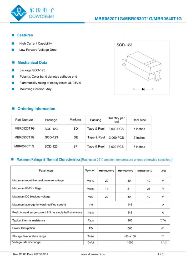 MBR0540T1G datasheet page 1