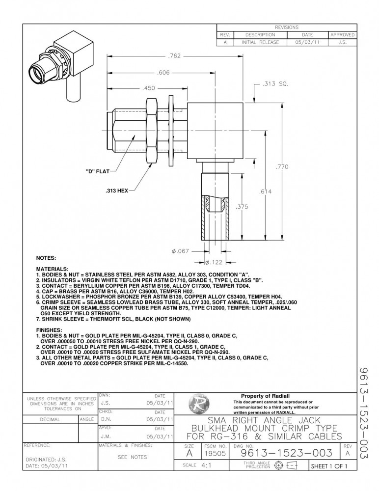 Radiall 9613-1523-003 product drawing preview