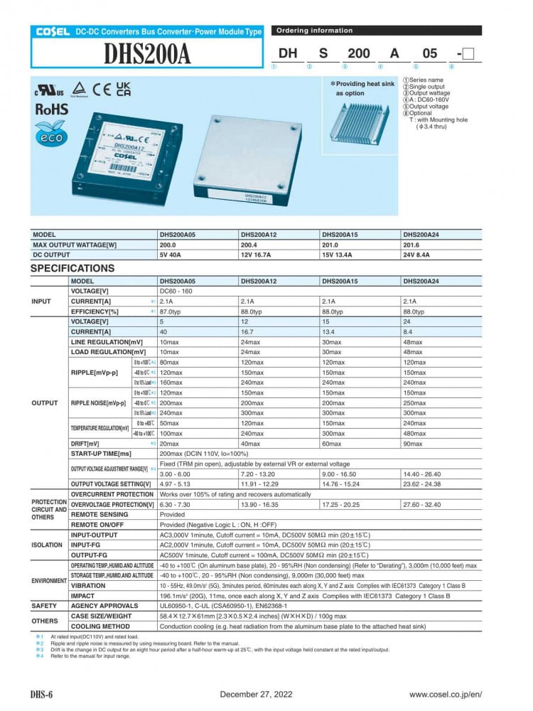 Cosel DHS series datasheet page 6