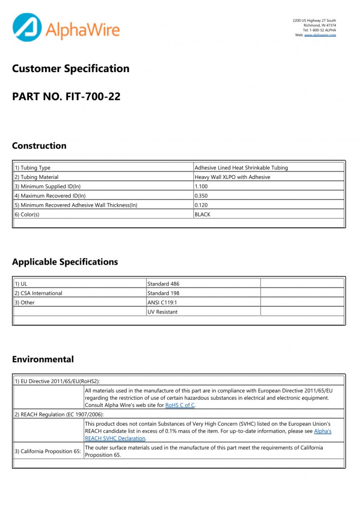 Alpha Wire FIT-700-22 technical document page 1