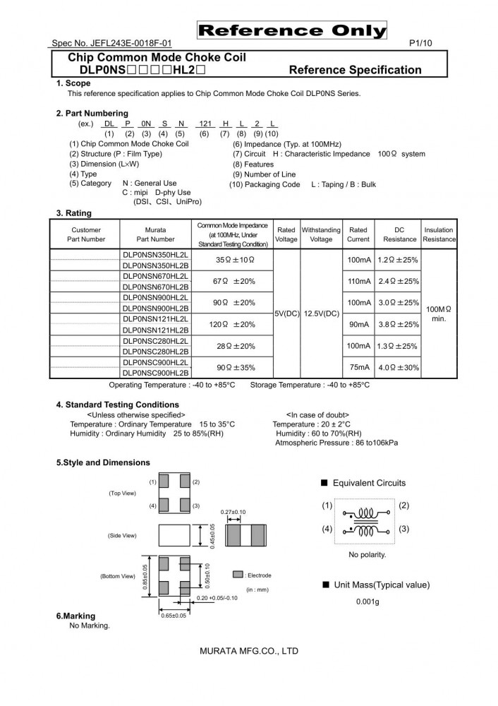 DLP0NSN350HL2L reference specification page 1