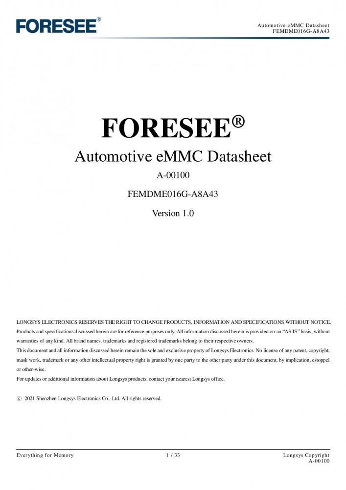FORESEE FEMDME016G-A8A43 datasheet page 1