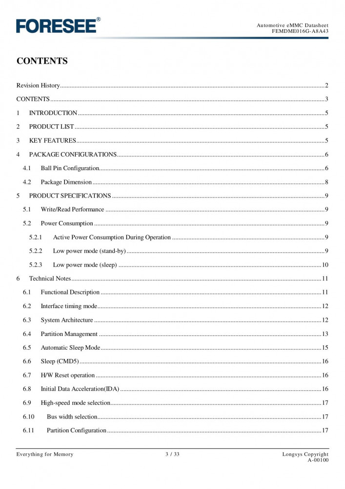 FORESEE FEMDME016G-A8A43 datasheet page 3