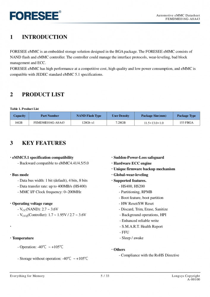 FORESEE FEMDME016G-A8A43 datasheet page 5