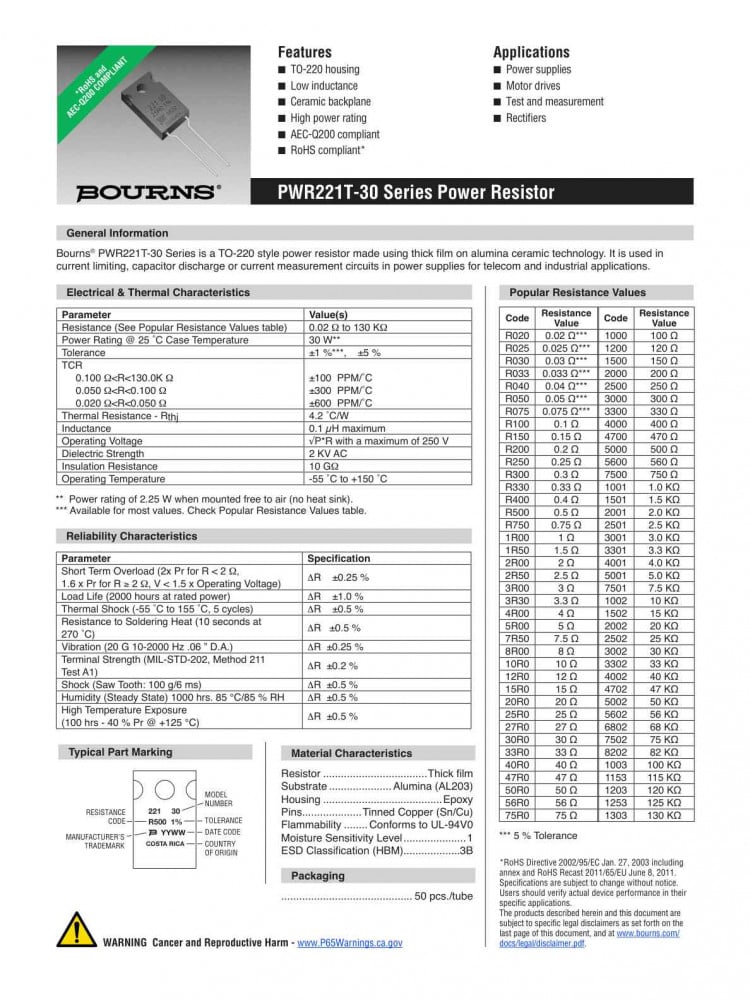 BOURNS PWR221T-30 series datasheet page 1