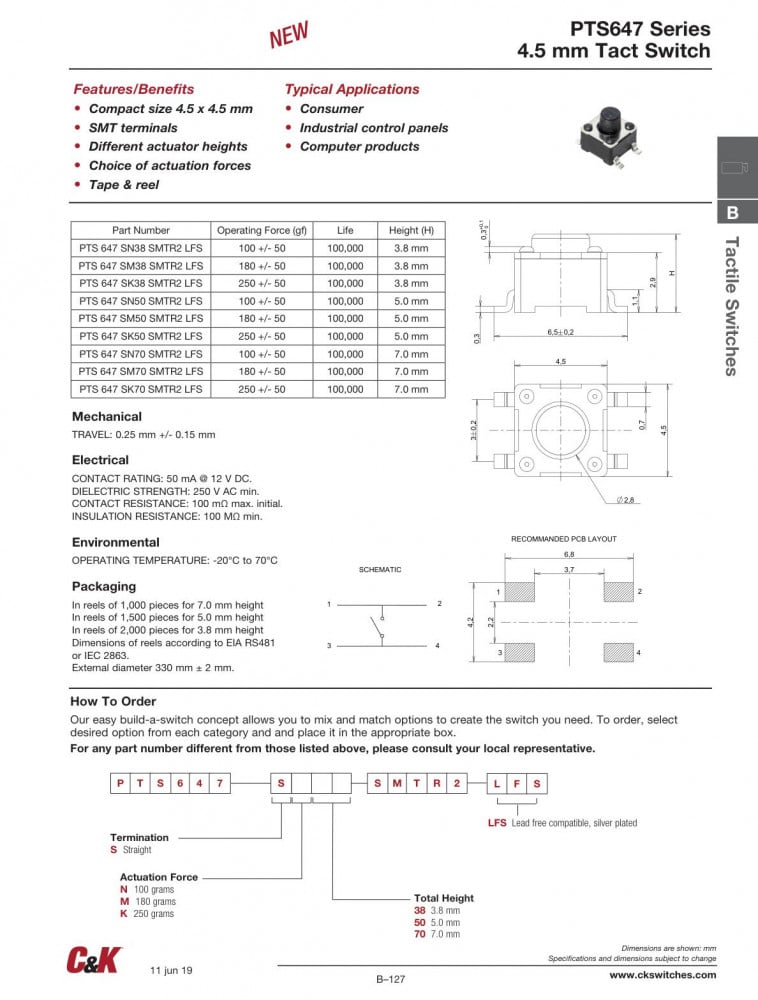 C&K PTS 647 technical document page 1