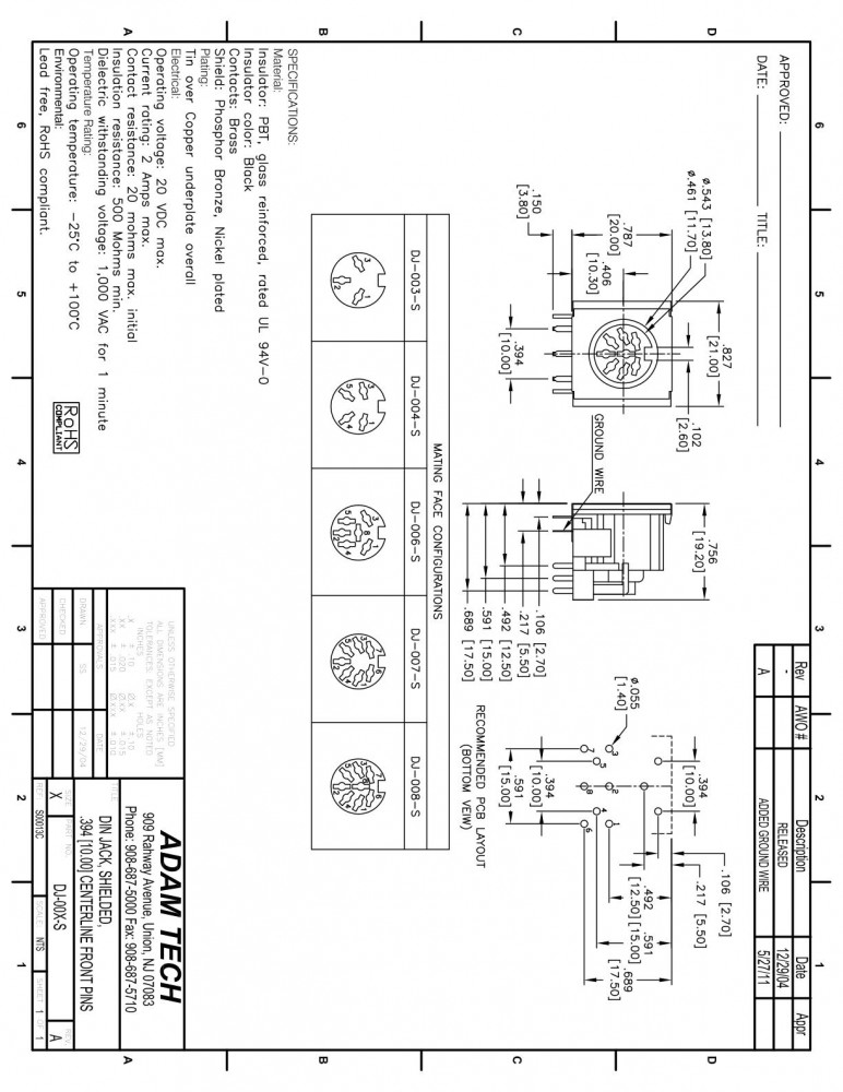 ADAM TECH DJ-00X-S series shielded DIN jack drawing