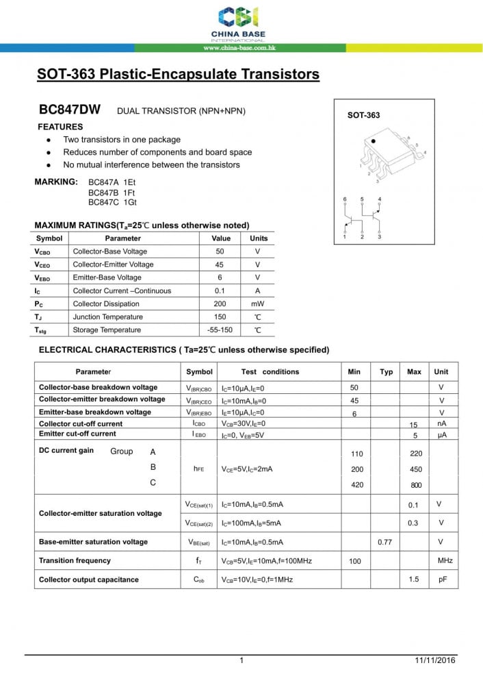 BC847DW datasheet page 1
