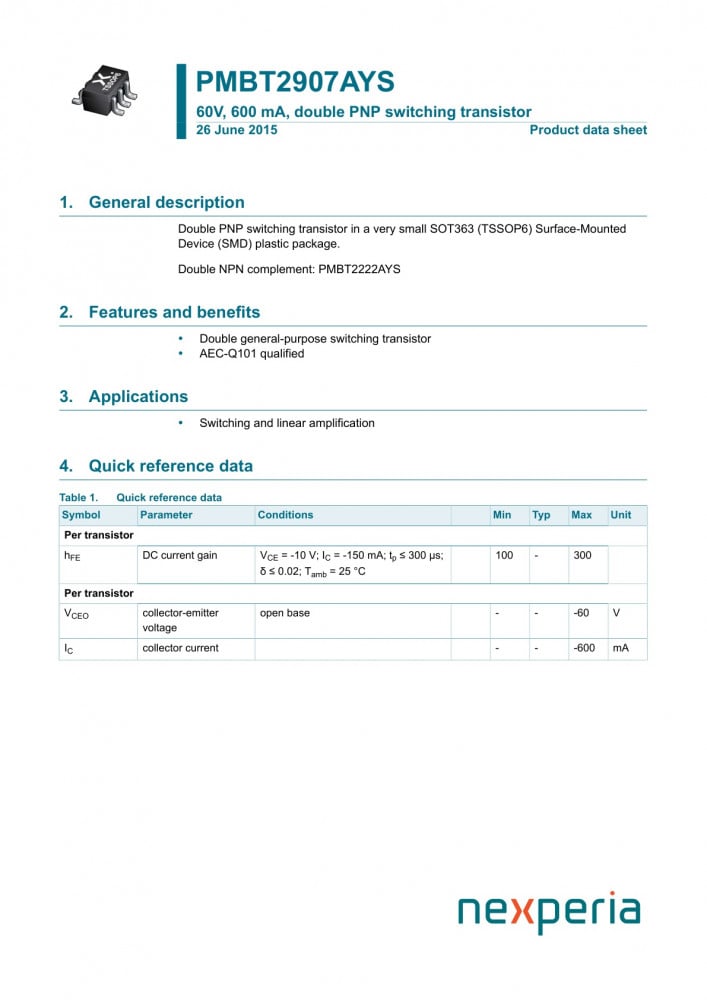 PMBT2907AYSX datasheet page 1