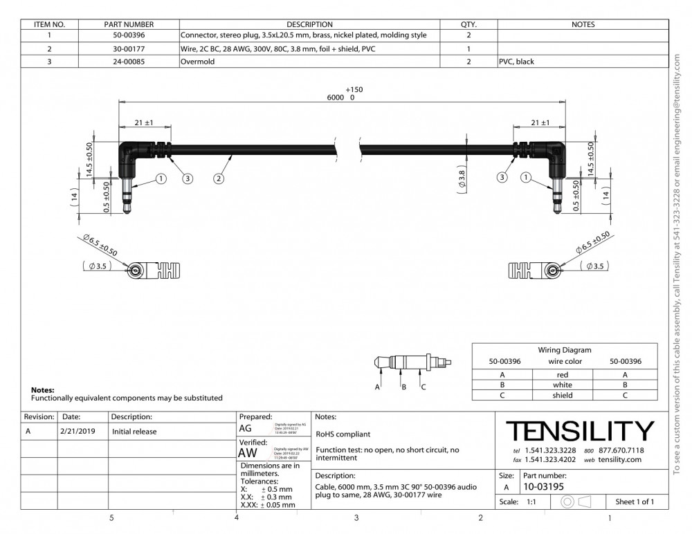 Tensility International 10-03195 cable assembly drawing