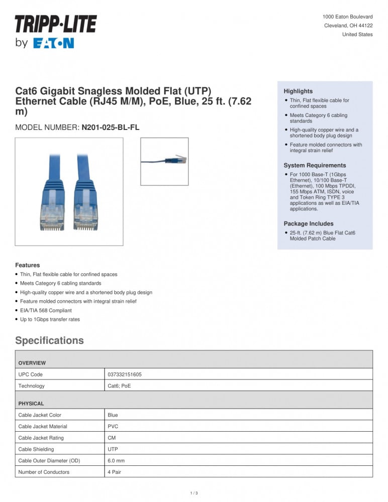 EATON N201-025-BL-FL technical document page 1