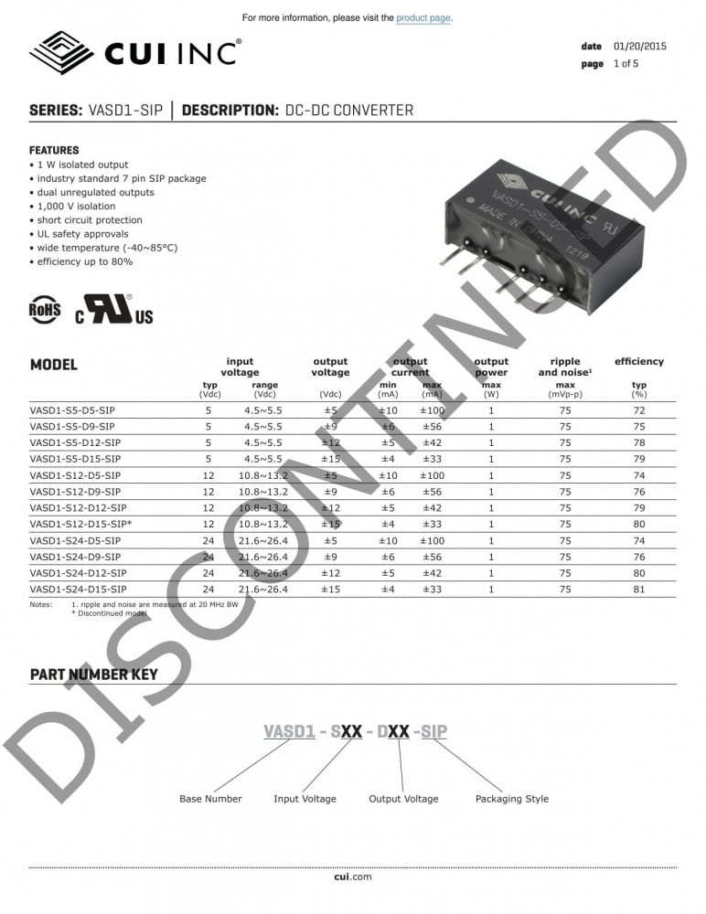 CUI VASD1-SIP datasheet page 1