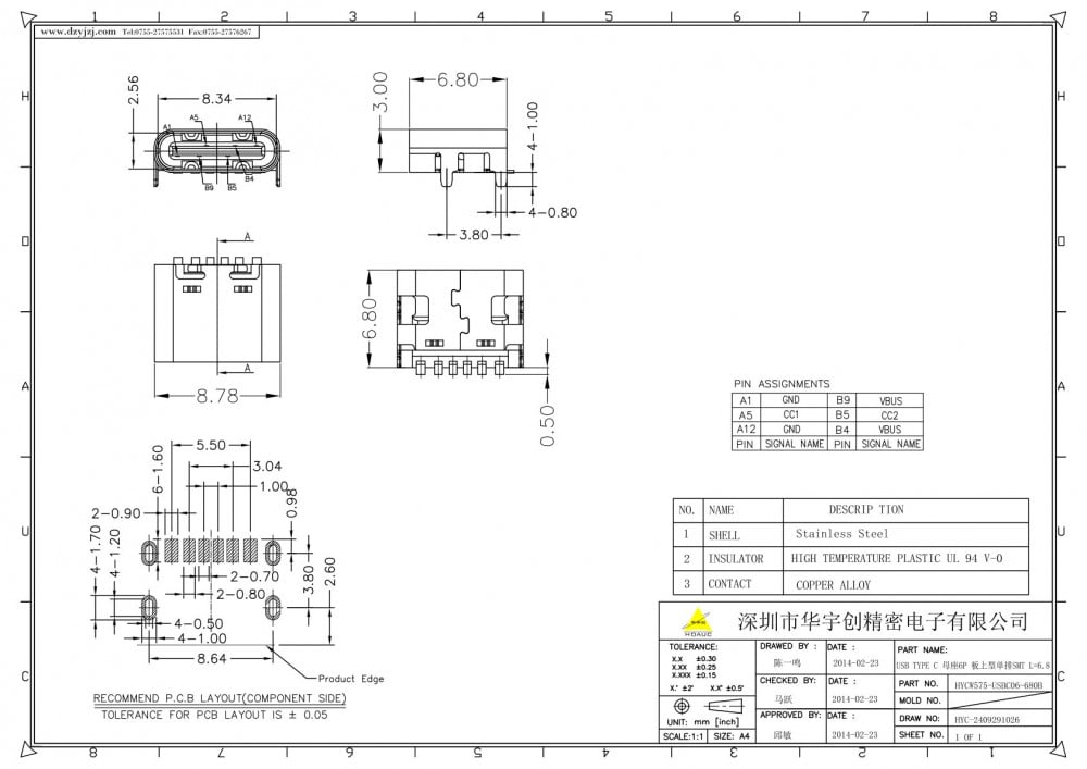 HOAUC HYCW575-USBC06-680B official technical drawing