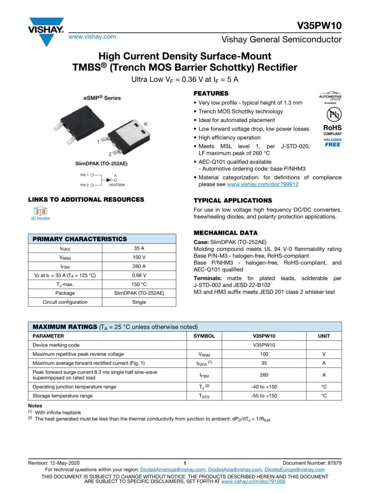 V35PW10 datasheet page 1